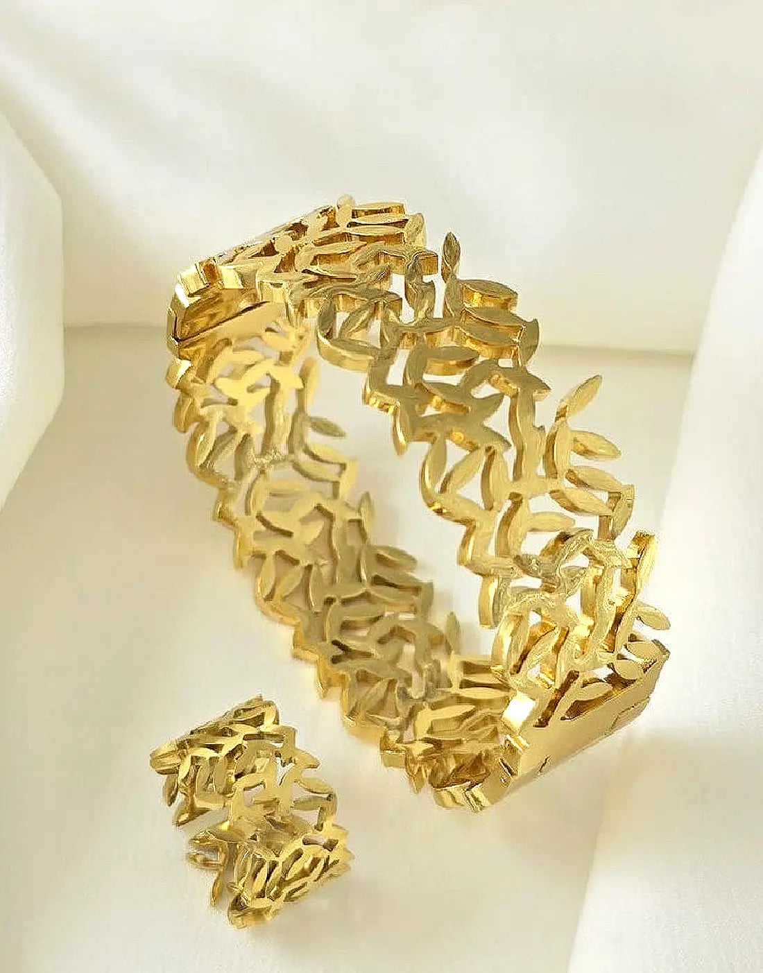 Stylish Stainless Steel Cuff Bangle & Ring Set Gold Plated Design ...