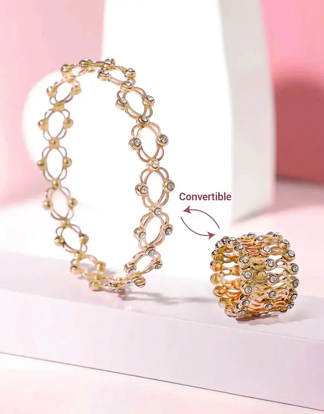 2‑in‑1 Convertible Ring Bracelet in Gold Plated Stainless Steel Finish ...