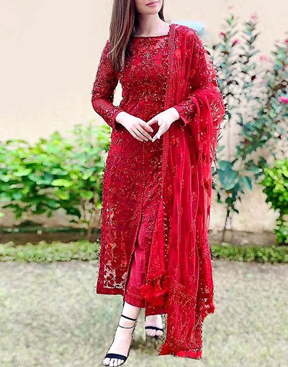 Luxury Embroidered Red Net Formal Dress – Best Price Online in Pakistan