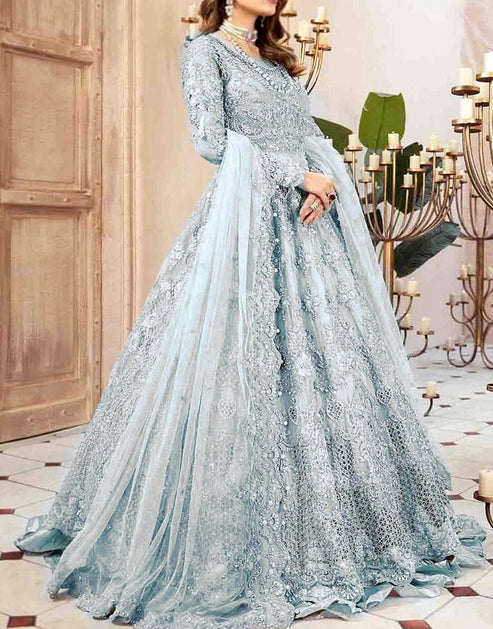 Luxurious 3D Handwork & Embroidered Light Blue Net Bridal Maxi Dress ...