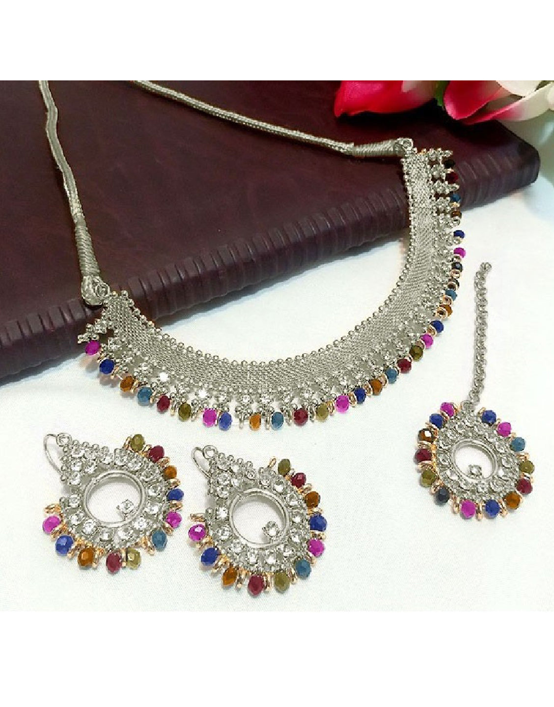 Multicolor Stones Silver Jewelry Set with Earrings & Tikka – Best Price ...