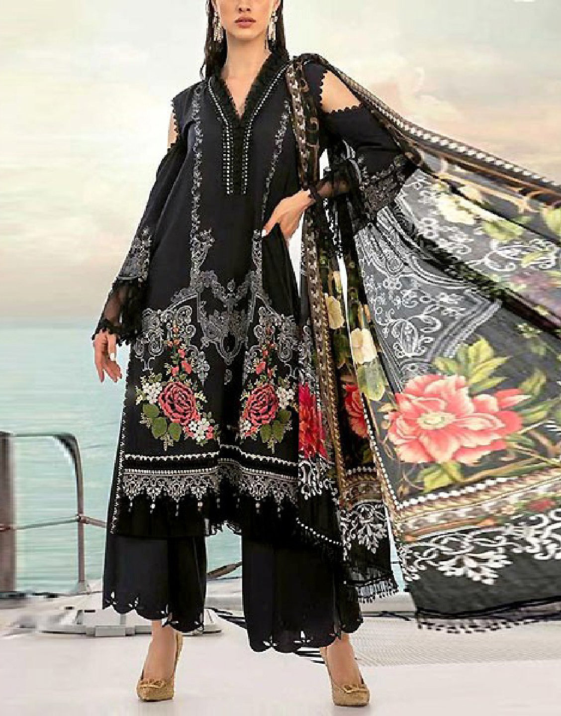 Embroidered Black Dhanak Dress with Dhanak Shawl Dupatta – Best Price ...